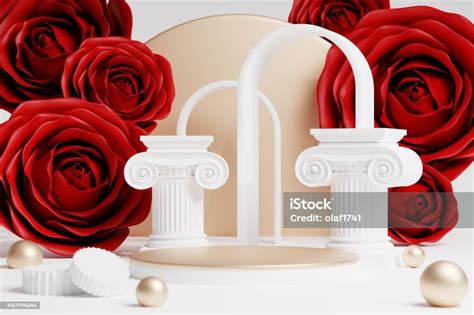 발렌타인 데이 연단을 위한 3d 배경 제품 장미 배경 3d 연단은 화장품 배경을 보여줍니다 2월에 대한 스톡 사진 및 기타 이미지 Istock