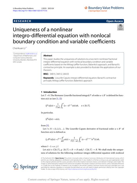 Pdf Uniqueness Of A Nonlinear Integro Differential Equation With Nonlocal Boundary Condition
