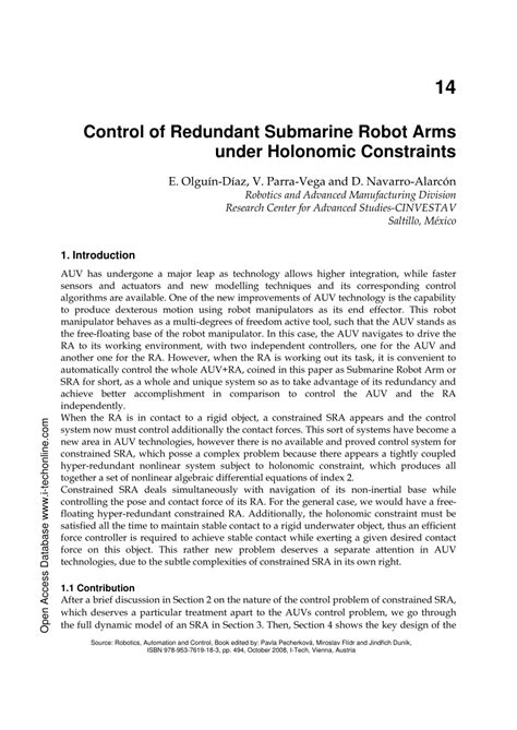 Pdf Control Of Redundant Submarine Robot Arms Under Holonomic Constraints