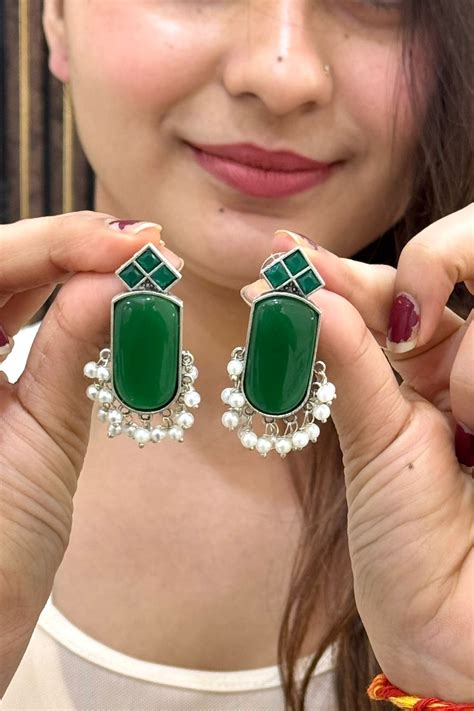Noor Emerald German Silver Earrings Nikhar Jewellery