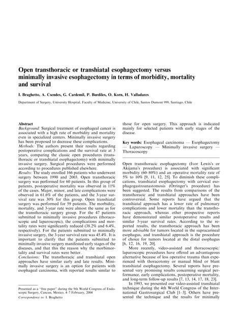 Pdf Open Transthoracic Or Transhiatal Esophagectomy Versus Minimally Invasive Esophagectomy In