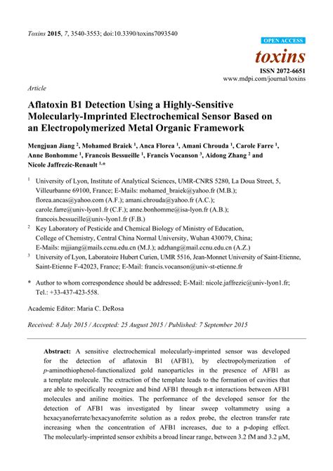 Pdf Aflatoxin B1 Detection Using A Highly Sensitive Molecularly Imprinted Electrochemical