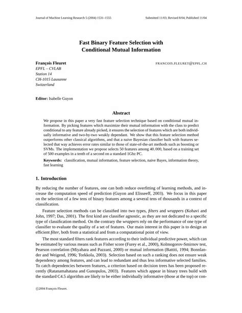 PDF Fast Binary Feature Selection With Conditional Mutual Information