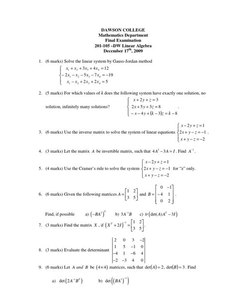 Linear Algebra Final Exam Pdf Plane Geometry System Of Linear