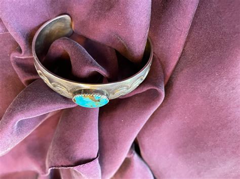 Navajo Sterling And Turquoise Stamped Bracelet Marked Larry Yazzie