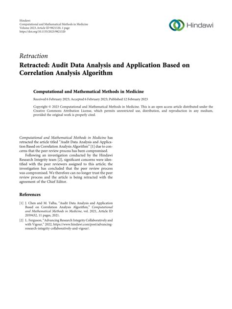Pdf Retracted Audit Data Analysis And Application Based On Correlation Analysis Algorithm
