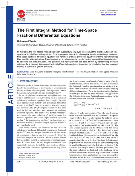 Pdf The First Integral Method For Time Space Fractional Differential Equations