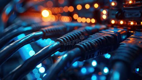 Close Up Shot Of Network Cables Connected To Server Ports With Glowing Led Lights Showcasing