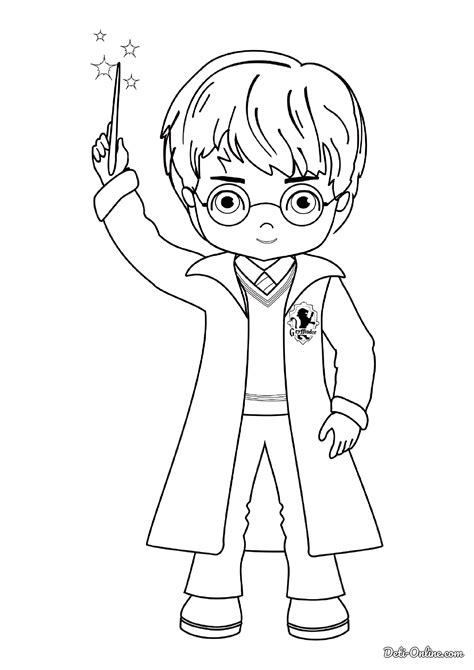 Раскраска Мультяшный Гарри Поттер с волшебной палочкой распечатать или скачать
