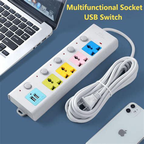 Kaisa Villa Colorful Extension 4 Power Socket Strip With 2 Usb Port Universal Extension Cord 3m