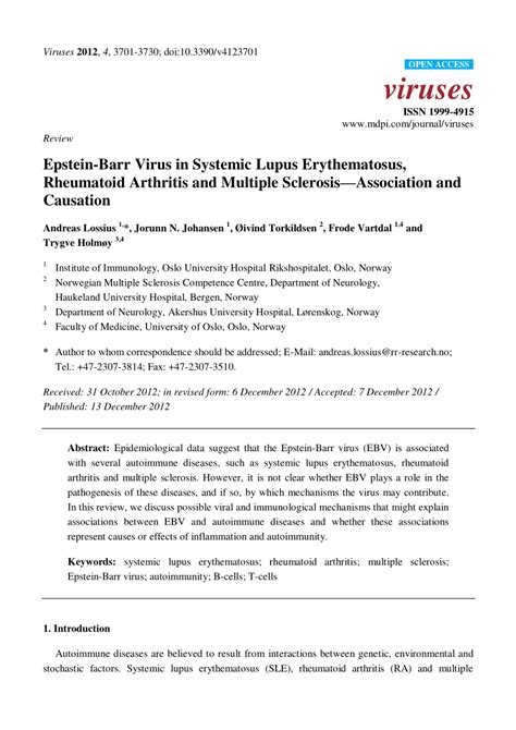 Pdf Epstein Barr Virus In Systemic Lupus Erythematosus Rheumatoid Arthritis And Multiple