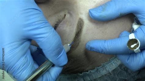 Microblading Procedure Master Works With The Eyebrows Semi Permanent Make Up Stock Video