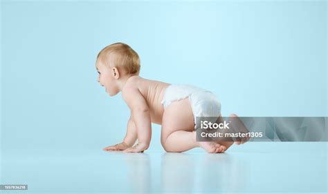 호기심 많고 쾌활한 아기 기저귀를 차고 하늘색 스튜디오 배경에 바닥을 기어 다니는 유아 6 11 개월에 대한 스톡 사진 및 기타 이미지 6 11 개월 귀여운 긍정적인