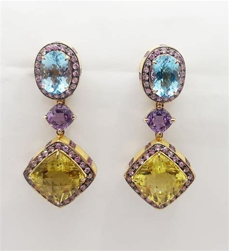 Lemon Quartz Blue Topaz Amethyst And Sapphire Earrings Set In Silver Settings For Sale At 1stdibs
