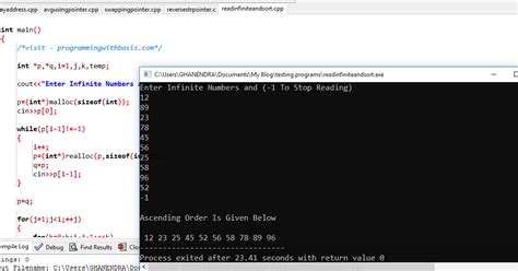 C Program To Read Infinite Number And Sort In Ascending Order Using
