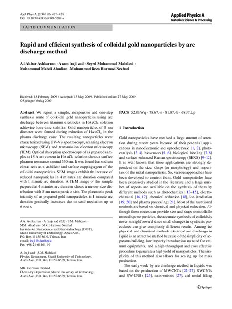 Pdf Rapid And Efficient Synthesis Of Colloidal Gold Nanoparticles By Arc Discharge Method
