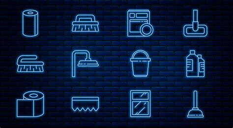 세트 라인 고무 플런저 세정제 용 병 주방 식기 세척기 기계 샤워 헤드 브러시 종이 타월 롤 양동이 및 아이콘 벡터 가정 생활에 대한 스톡 벡터 아트 및 기타 이미지