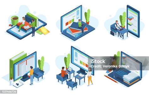 등등 분석 사람들 온라인 교육 거리 학습 3d 문자는 컴퓨터 화면 벡터 일러스트 세트에서 온라인으로 학습합니다 온라인 교육 등대 장면 교육에 대한 스톡 벡터 아트 및 기타