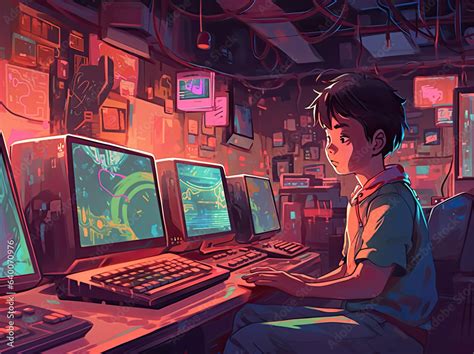 Genius Little Boy As A Hacker Is Coding And Programming On Computer