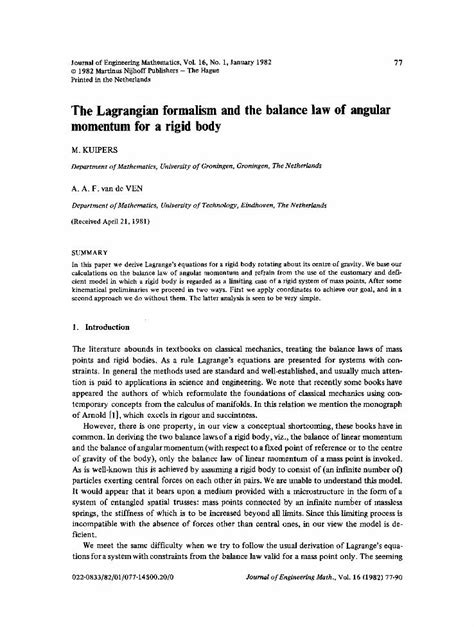 Pdf The Lagrangian Formalism And The Balance Law Of Angular Momentum