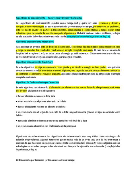 Algoritmos De Ordenamiento Pdf Recursividad Algoritmos
