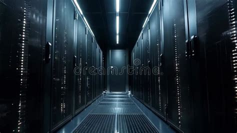 A Long Hallway In A Server Room With Rows Of Servers Stock Video Video Of Machine Cabinets