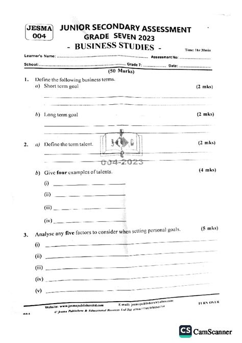 2023 Grade 7 Jesma 004 Exams With Marking Schemes Elimu Cloud Notes Exams Schemes Of Work
