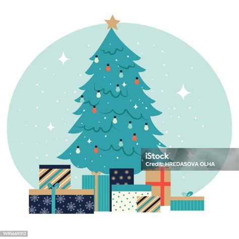 선물 상자 별 조명 장식용 공 램프로 크리스마스 트리를 장식했습니다 메리 크리스마스와 새해 복 많이 받으세요 12월에 대한 스톡 벡터 아트 및 기타 이미지 Istock