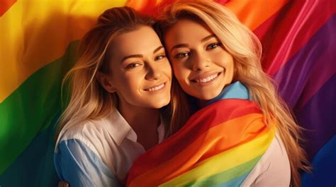 Premium Ai Image Two Lesbian Girls With Rainbow Flag Happily Smiling