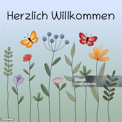 헤르츨리히 빌코멘 독일어 텍스트 따뜻한 환영 나비와 꽃 초원이 있는 사각형 인사말 카드입니다 계절에 대한 스톡 벡터 아트 및 기타 이미지 Istock