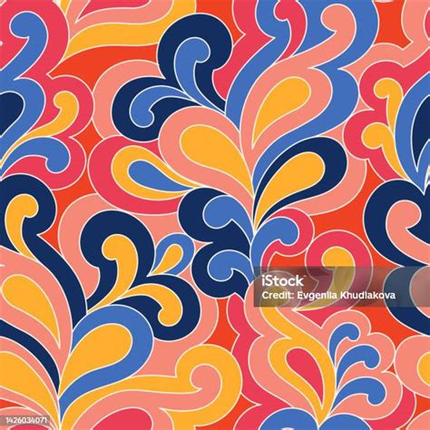 추상적인 빈티지 패션 프린트 레트로 그루비 60 년대 70 년대 벡터 원활한 패턴 패키지 브랜딩 섬유 문구류 포장지 기프트 카드