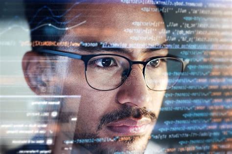 Man Face And Programmer Coding At Night With Overlay Or Dashboard Of