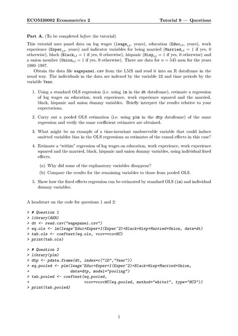 Tutorial 9 Questions 2021 Ecom30002 Econometrics 2 Tutorial 9