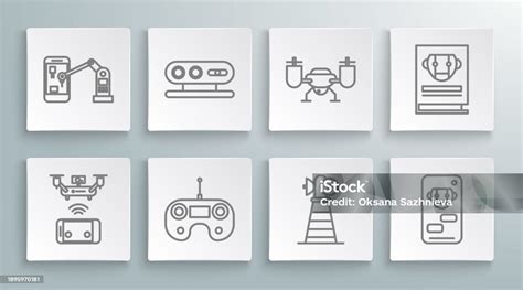 원격 공중 드론 3d 스캐닝 시스템 제어 안테나 봇 액션 카메라로 비행하는 드론 사용 설명서 및 산업용 기계 로봇 로봇 팔 손 아이콘을 설정합니다 벡터 Brand Name
