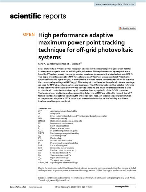 Pdf High Performance Adaptive Maximum Power Point Tracking Technique For Off Grid Photovoltaic