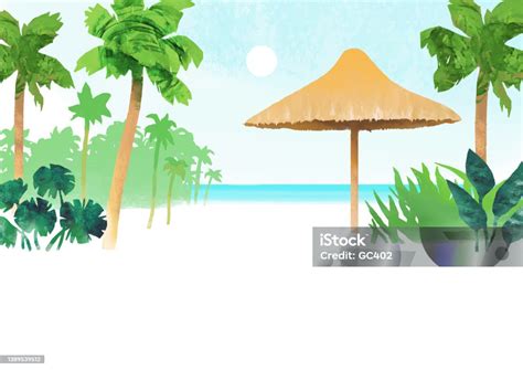 여름과 해변 개념 해변 야자수 오두막과 바다 벡터 여행 템플릿 텍스트 나 그림을위한 장소가있는 수채화 손으로 그린 템플릿 A4 용지에 대한 스톡 벡터 아트 및 기타 이미지