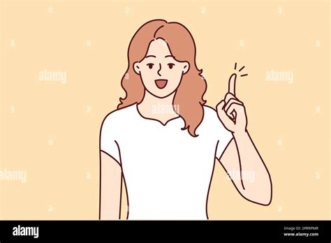 Smiling Young Woman Hold Finger Up Develop Good Idea Happy Motivated