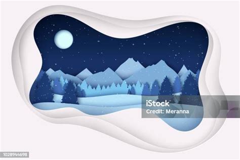 겨울 풍경과 종이 크리스마스 엽서 소나무 산 달 눈송이 현대 종이 아트 스타일 배경 계층 벡터 일러스트 레이 션 눈 냉동상태의 물에 대한 스톡 벡터 아트 및 기타 이미지