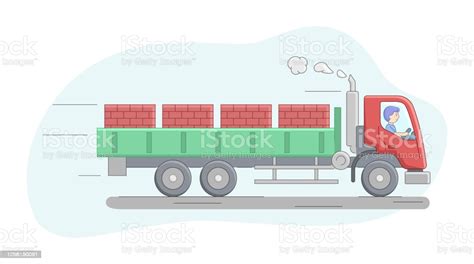 건설 개념 트럭 플랫 베드 밴 팔레트에 벽돌로로드 트럭을 타고 일하는 노동자 건설 기계 작업자 작업 직장에서 남성 캐릭터 만화 선형 윤곽선 플랫 벡터 일러스트레이션 개발에