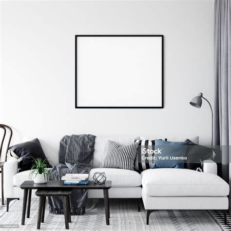 프레임 거실에서 모의 포스터 스칸디나비아 인테리어입니다 3d 렌더링 3d 일러스트레이션 0명에 대한 스톡 사진 및 기타 이미지 Istock