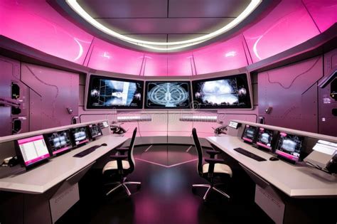 High Tech Control Room With Pink And Silver Accents And Futuristic