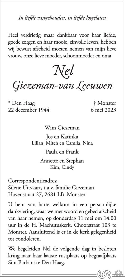 Nel Giezeman Van Leeuwen 06 05 2023 Overlijdensbericht En Condoleances Mensenlinq Nl