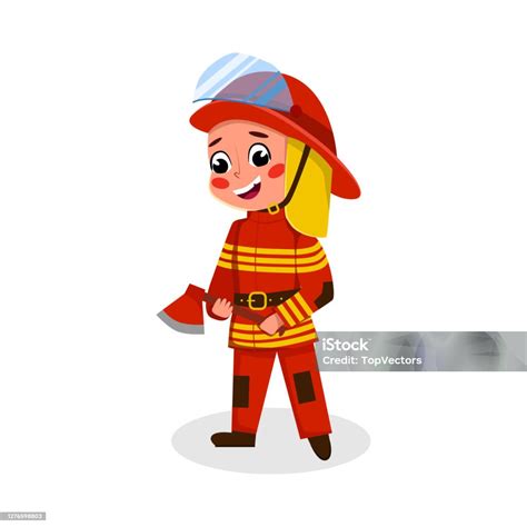 그의 손에 도끼와 유니폼에 귀여운 소년 소방관 캐릭터 아이 취미 또는 미래의 직업 개념 만화 스타일 벡터 일러스트 소방관에 대한 스톡 벡터 아트 및 기타 이미지 Istock