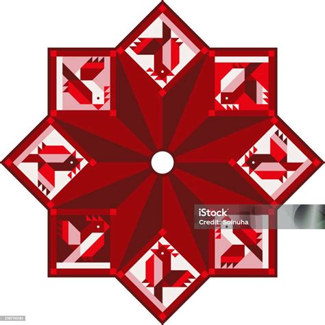 크리스마스 트리를 위한 치마 벡터 패치워크 퀼트 패턴 와 새 와 빨강 음영 기하학적 블록 디자인 크리스마스 휴일 및 가정의 편안함 개념 인공 지능이 아닌 수제 일러스트레이션