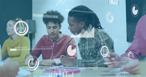 Animation Of Charts Processing Data Over Diverse Male Colleagues