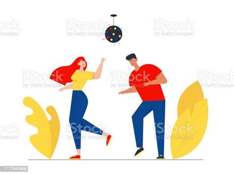 디스코 파티에서 춤추는 젊은이 남자와 여자 유행 의류 축 하 휴가 함께 이동 하는 시간을 보내고 음악 리듬 행복 한 여가 와 여분의 만화 플랫 벡터 일러스트 춤에 대한 스톡