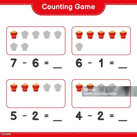 게임을 계산하고 모래 버킷 수를 계산하고 결과를 작성합니다 교육 어린이 게임 인쇄 워크 시트 벡터 일러스트레이션 0명에 대한 스톡 벡터 아트 및 기타 이미지 Istock