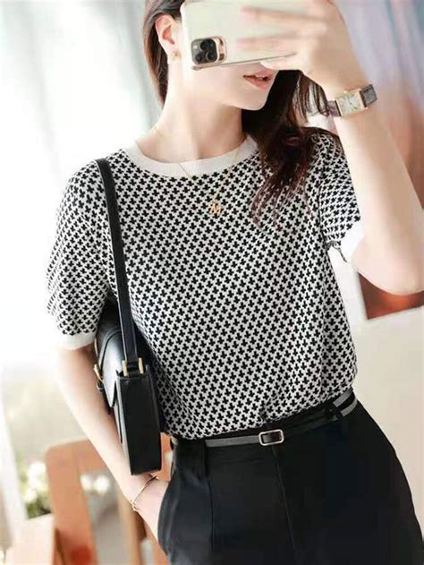 빈티지 짧은 소매 티셔츠 여성용 얇은 격자 무늬 상의 여성 의류 한국 여름 니트 티셔츠 O 넥 여성 Camisetas Mujer Aliexpress
