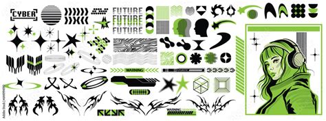 Cyberpunk Grid Icon Element Set Vector Abstract Retro Y2k Shapes Kit