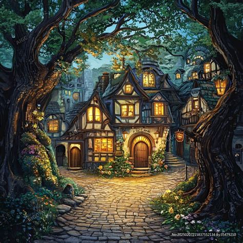 Ai创作图手绘童话镇 梦幻童话镇 童话森林主题场景 梦幻城堡插画 梦幻场景小屋 梦幻场景插画 魔幻场景插画 欧美小镇情景主题 魔法森林插画 魔法村 美式卡通风格场景 奇幻爱丽斯仙境插画 魔法